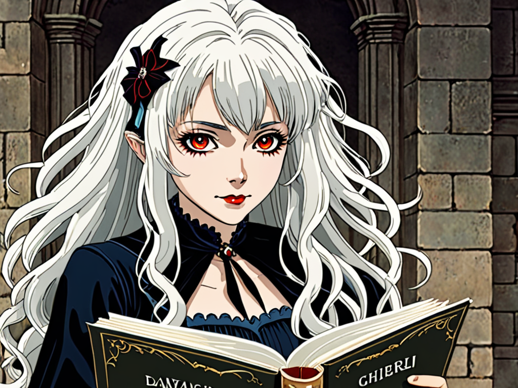 Ghibli 2d anime Manga woman vampire white curly hair Dark creepy book ...