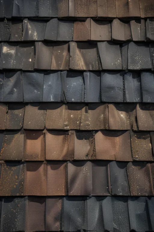 Close-Up View of Weathered Roof Shingles in Various Textures and Colors