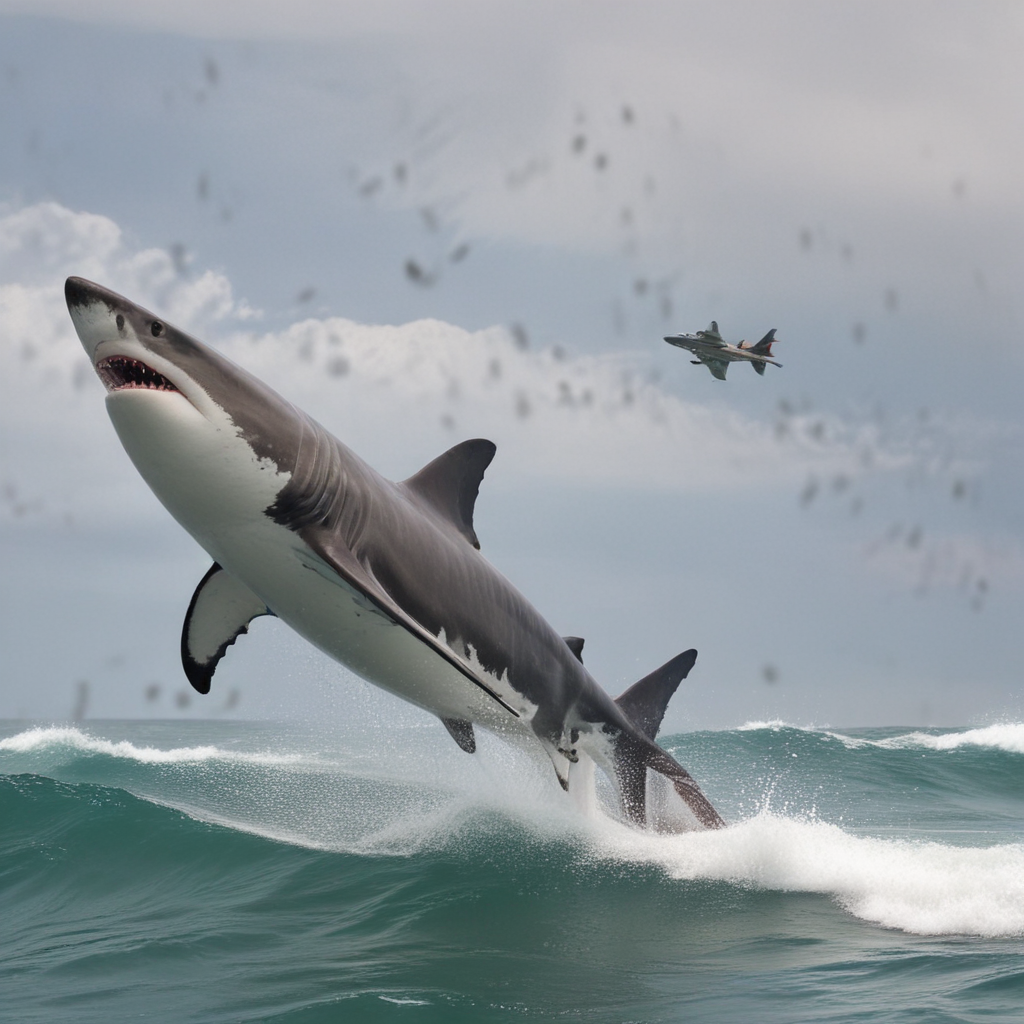 Man surfing on shark and escaping military jets and tanks