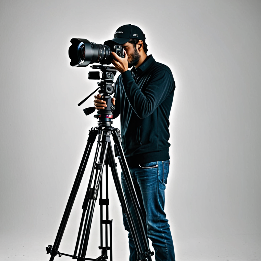 full body side view silhouette of a single cinematographer looking thru ...