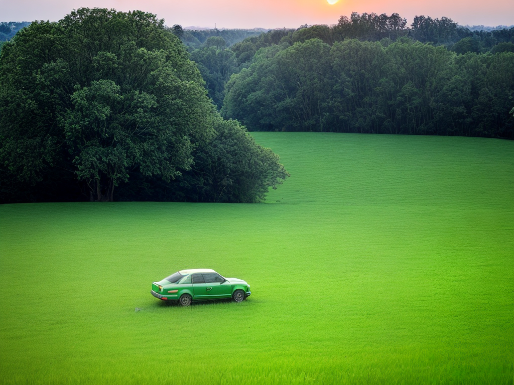 Picture of an old car on a green farm, the sun is about to set, there ...