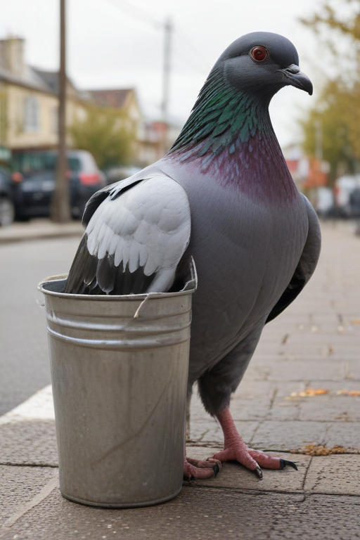 An oversized pigeon holding a bucket of shit