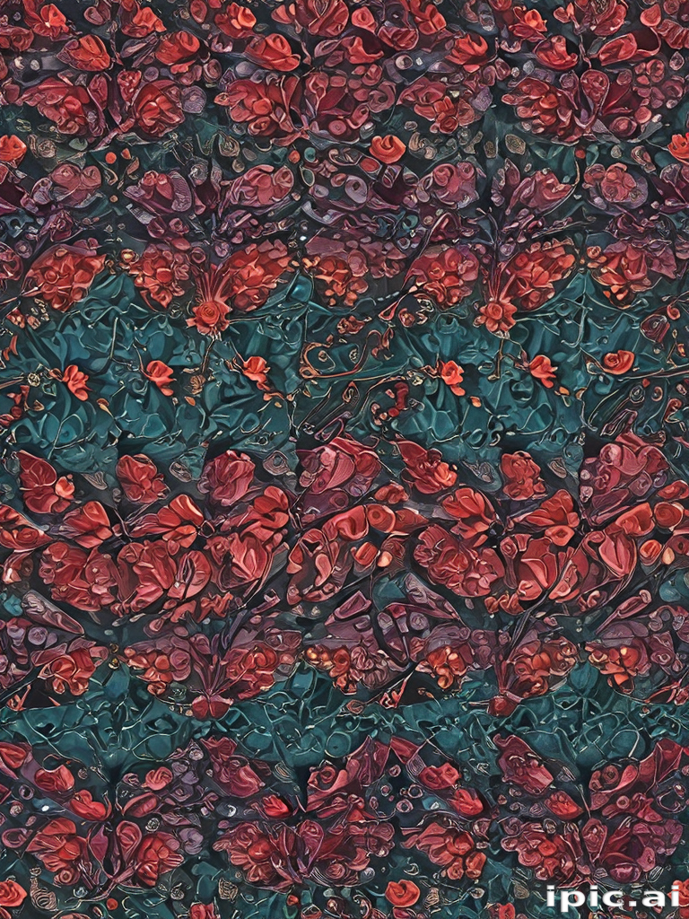Intricate Floral Pattern Featuring Vibrant Red and Deep Green Elements
