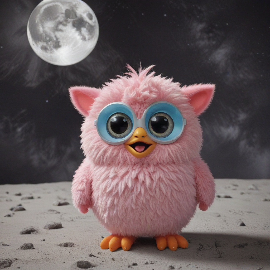 imagine Furby going to the moon with a funny background