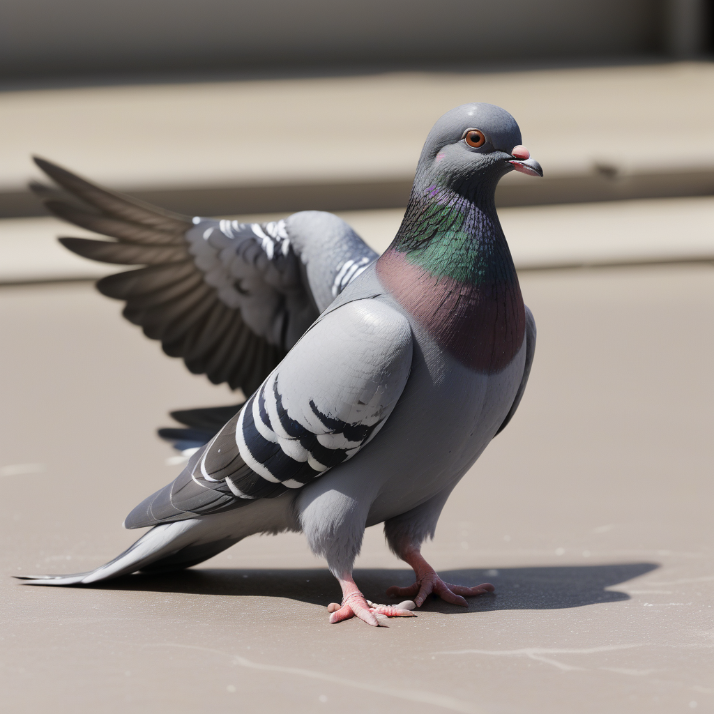 A Colorful Pigeon Spreading Its Wings on a Sunny Day Outdoors.