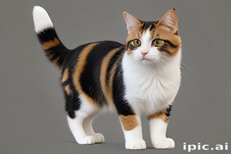 A Playful Calico Cat with Striking Patterns and Bright Green Eyes.