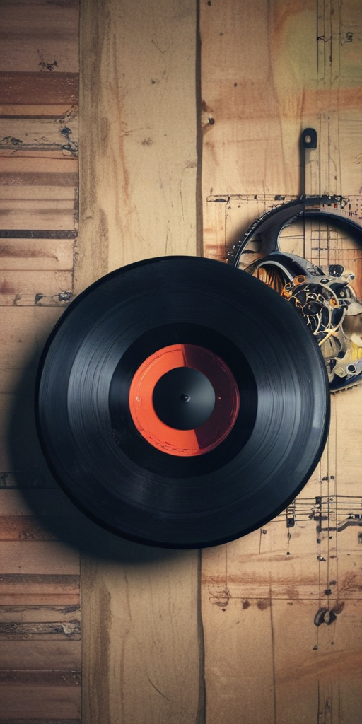A Vintage Vinyl Record on a Wooden Background with Musical Notes