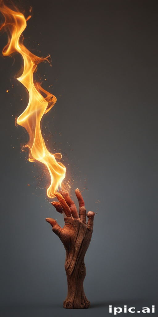 Enigmatic Wooden Hand Reaching for Flames in a Dark Background