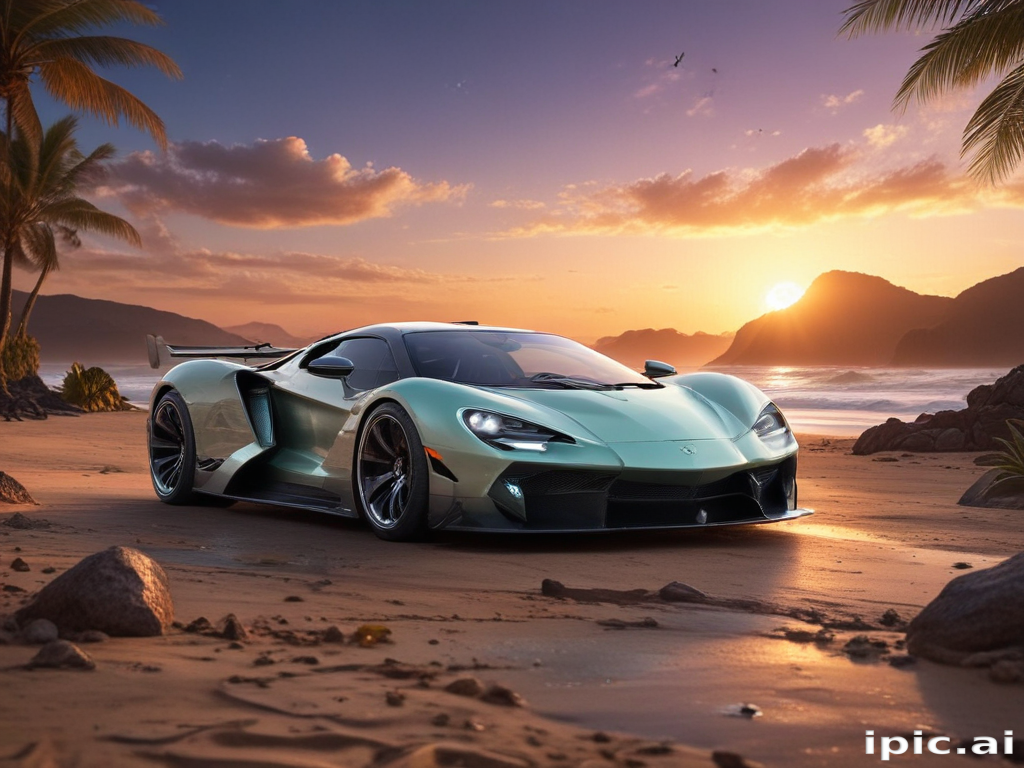 Stunning Sports Car Parked on a Tropical Beach at Sunset