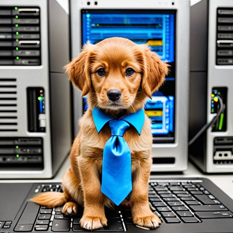 Hovawart dog with tie, MacBook Pro, datacenter, servers