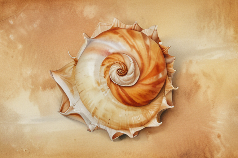 an antique conch shell, horizontal view, beautiful water colour ...