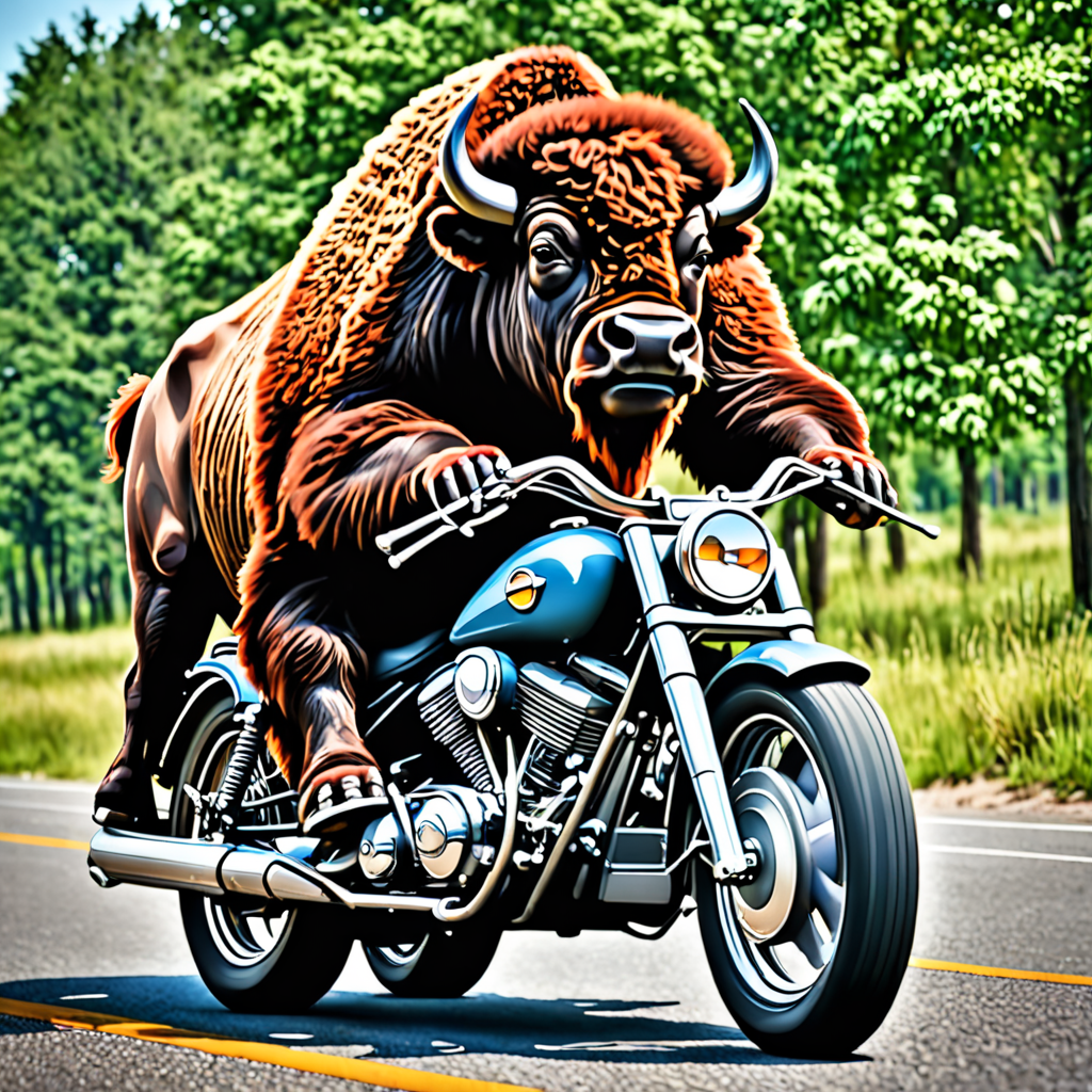cartoon bison riding away on a motorcycle