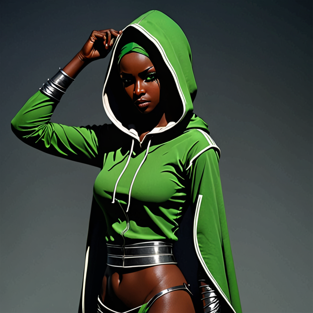 gorgeous A lone dark-skinned woman with a green rogue hood outfit ...