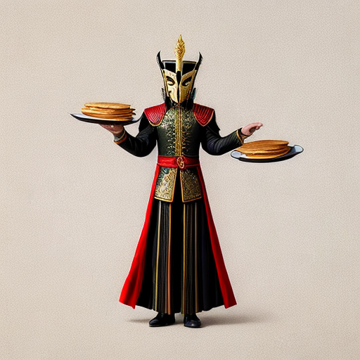 A character with a pancake mask and an emperor's outfit with spiky hair