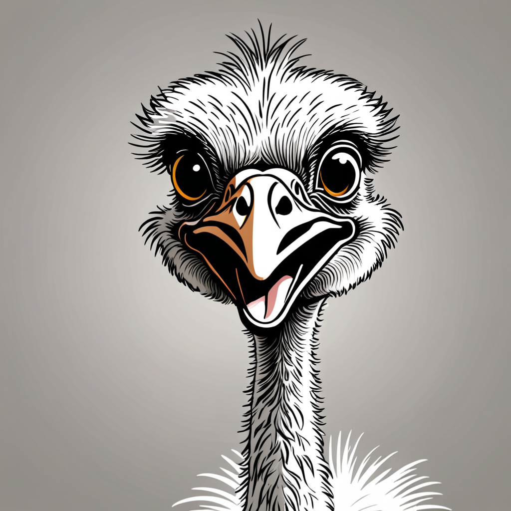 simple line drawing of cartoon Pixar style happy, excited ostrich low ...