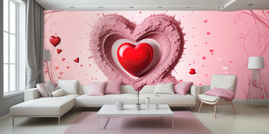 Charming Living Room Decorated with a Vibrant Heart-Themed Mural Design