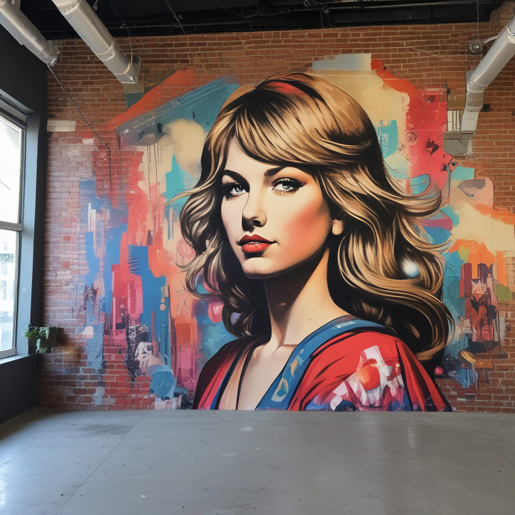 CCCP propaganda style building mural of super bowl with Taylor Swift