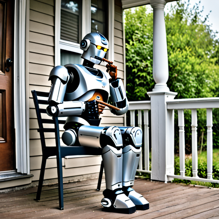 Robot sitting on the porch, smoking a cigar