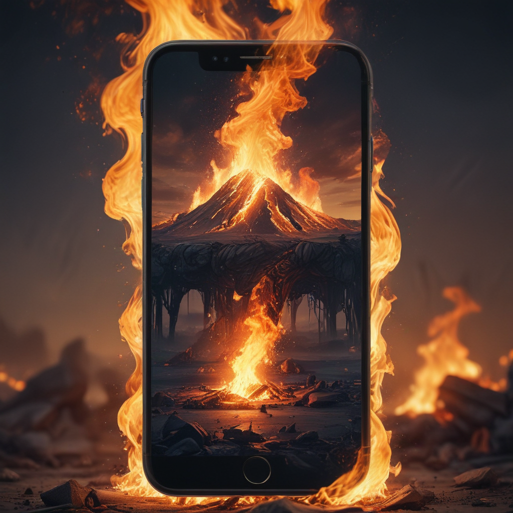 Fiery Eruption Captured on Smartphone Screen Surrounded by Flames and ...