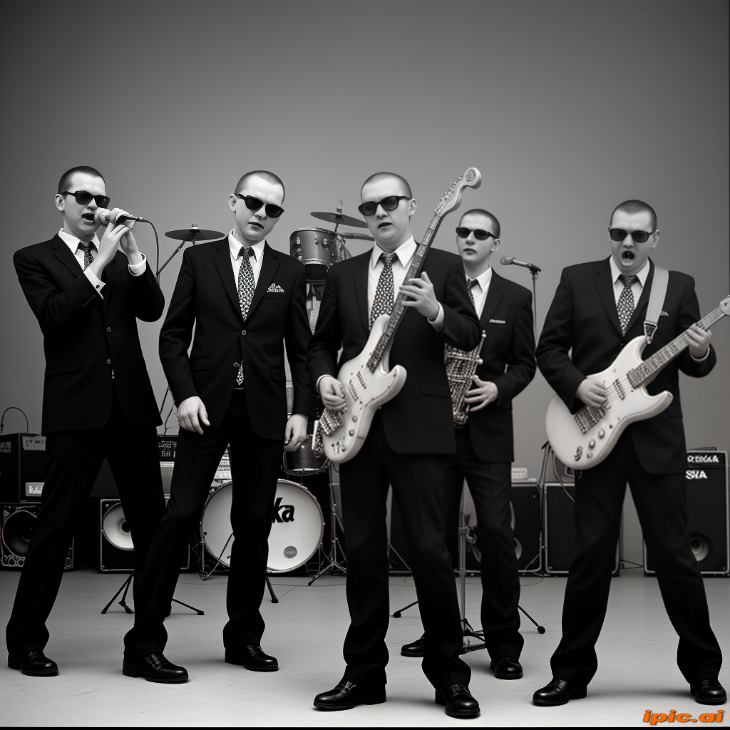 Five Musicians in Black Suits Performing Energetically with Instruments ...