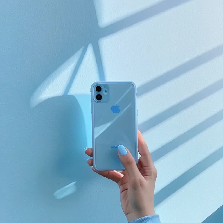 Hand Holding a Light Blue iPhone Against a Soft Blue Wall