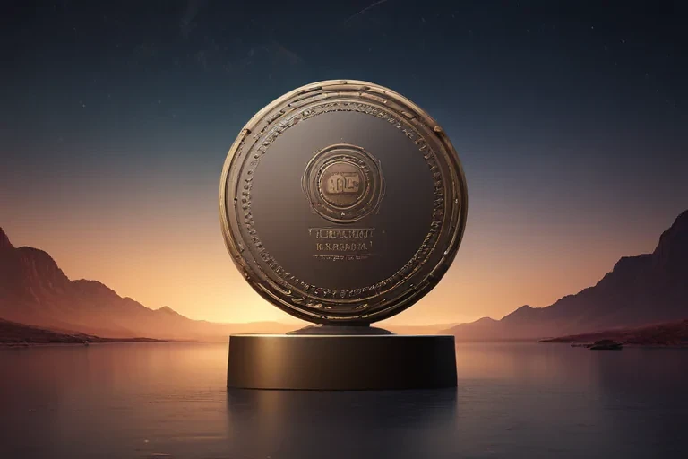 Shining Golden Medal on a Stand Against a Serene Mountain Landscape