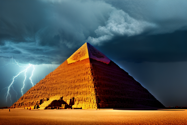 A pyramid with one eye on top and thunder in the background