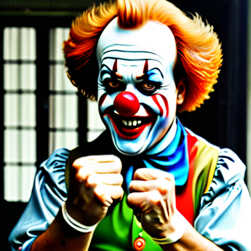 clown with fist full of brown clumps