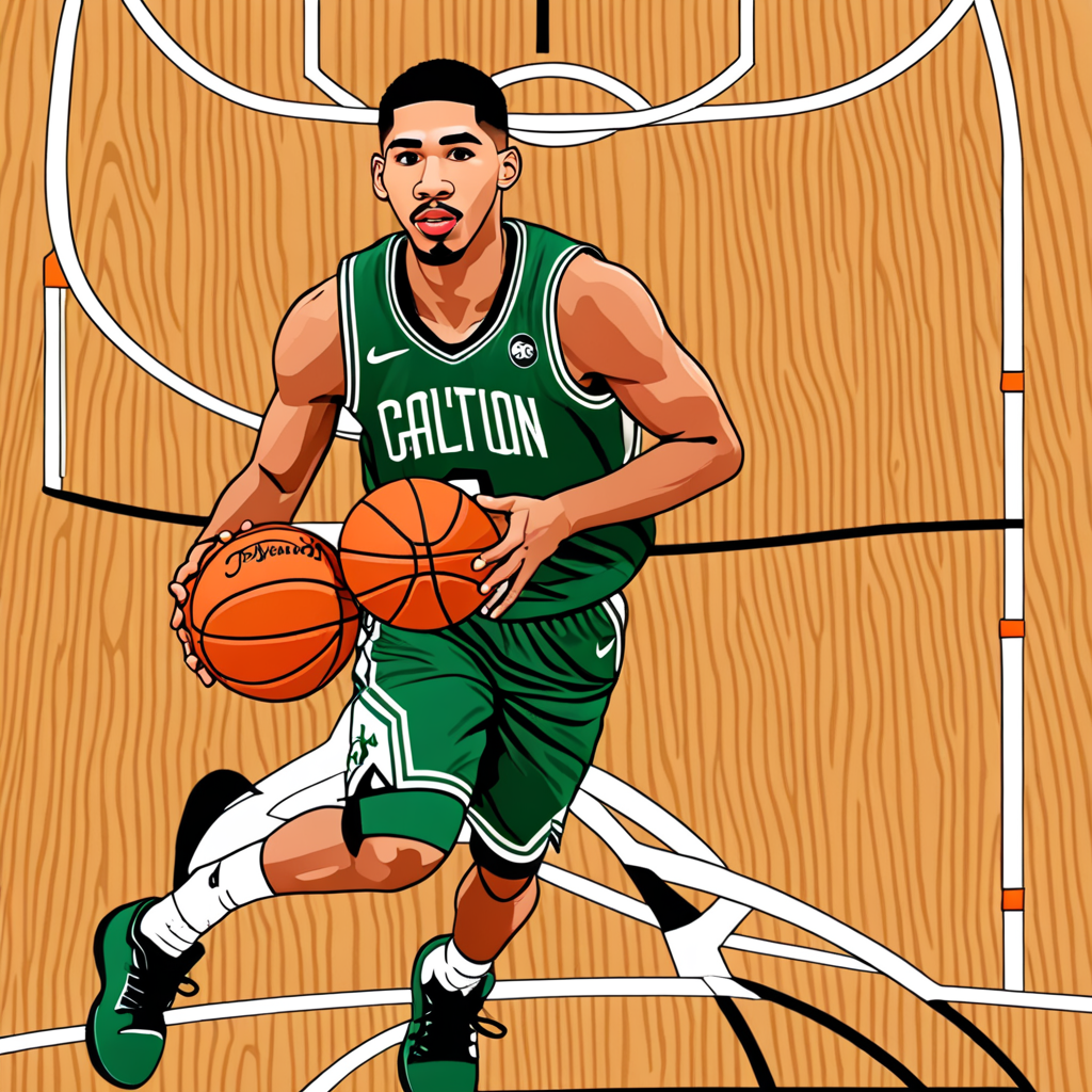 Cartoon drawing of playing basketball Jayson Tatum outdoor basketball court