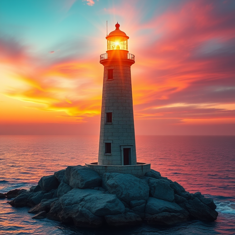Majestic Lighthouse Standing Tall Against a Vibrant Sunset Over Ocean Waves