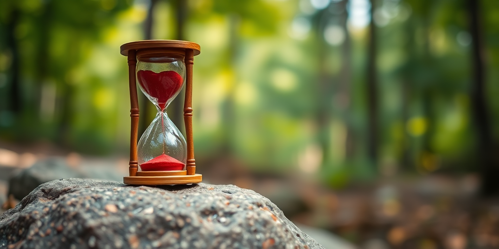An hourglass on a rock with a blurred forest background, shallow depth ...