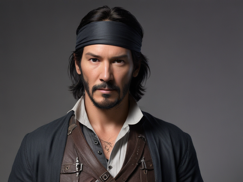 Keanu Reeves as a medieval pirate full body image add grey hair