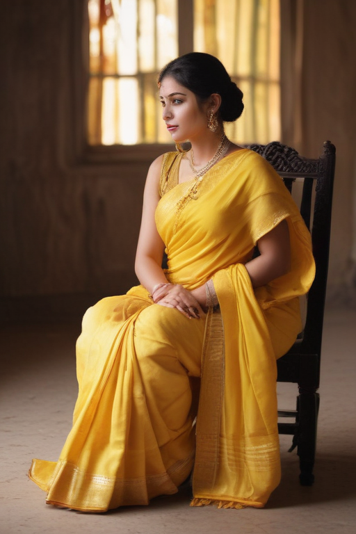 Women is sitting in the chair with yellow saree