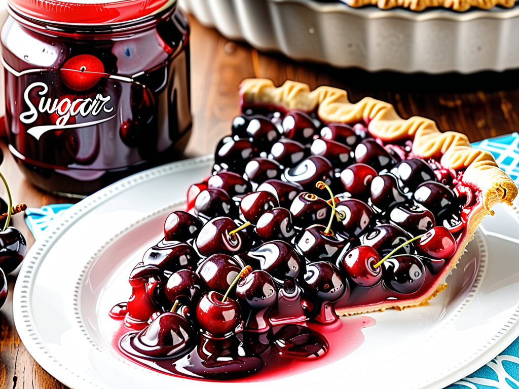 Delicious Slice of Cherry Pie with Glossy Cherry Filling and Jar