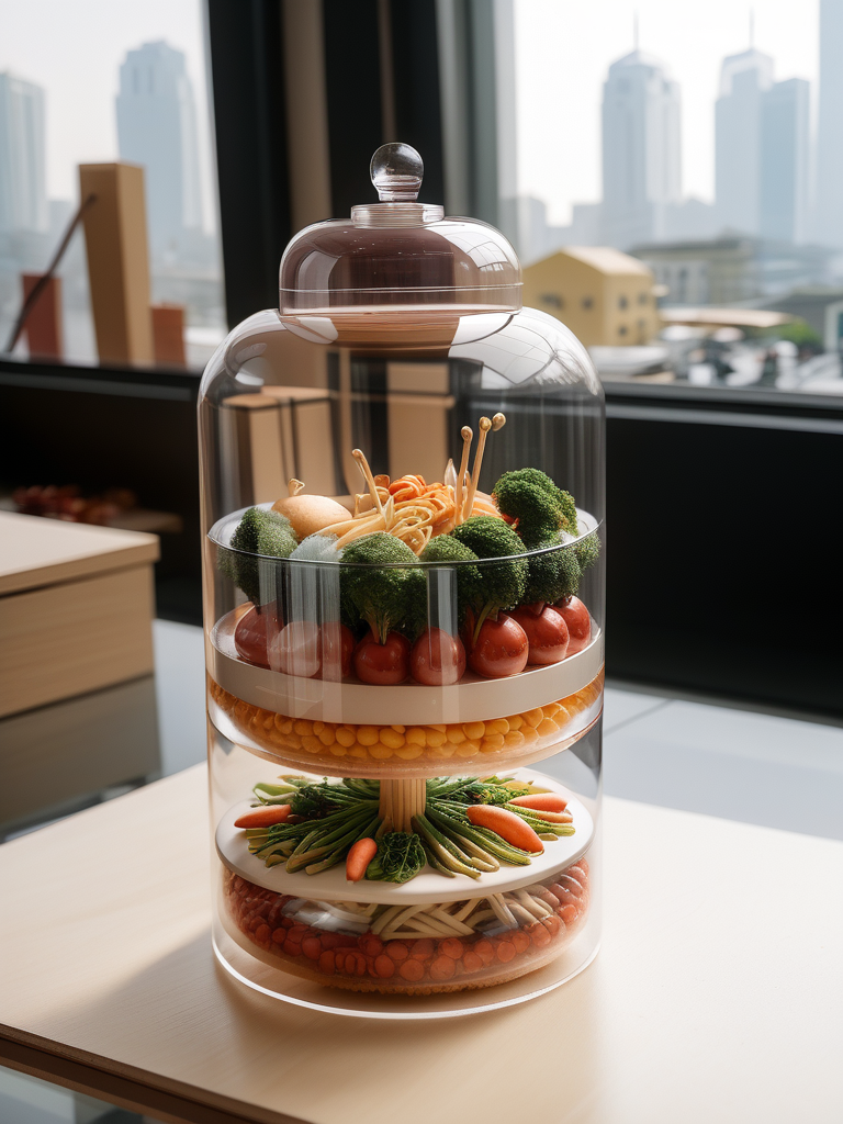 A Colorful Display of Fresh Vegetables and Pasta Under a Glass Dome.