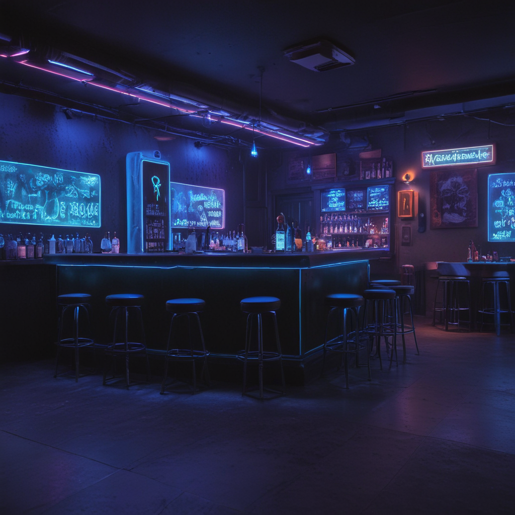 neon punk bar, blue lights, blue colors, bright, neon, cinematic.