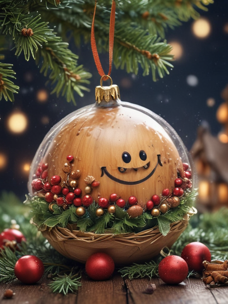 Cheerful Holiday Ornament with a Smiling Face Surrounded by Festive Decor