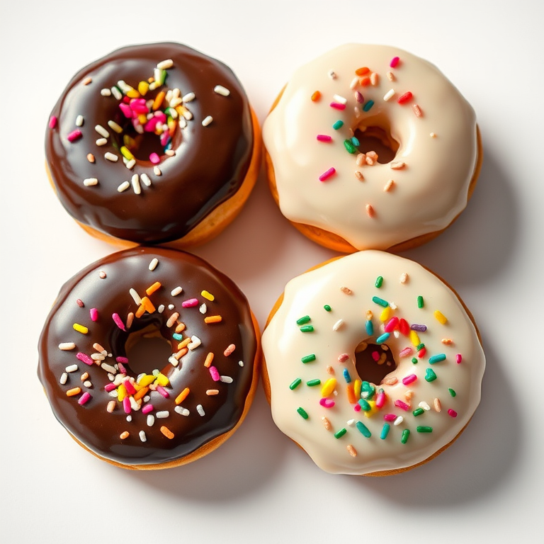 Generate a still life of four donuts with chocolate and vanilla icing ...