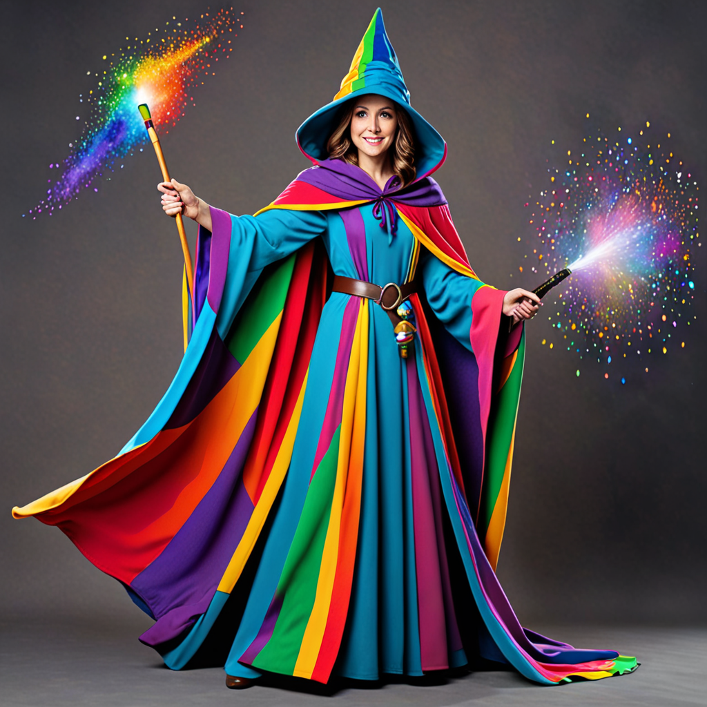 a female wizard with a very colorful cloak with different colors and a ...