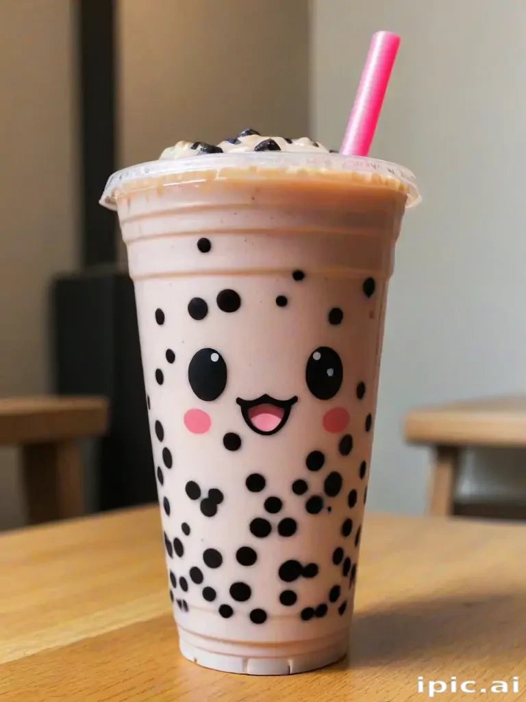 Delightful Bubble Tea with a Cute Face and Colorful Toppings