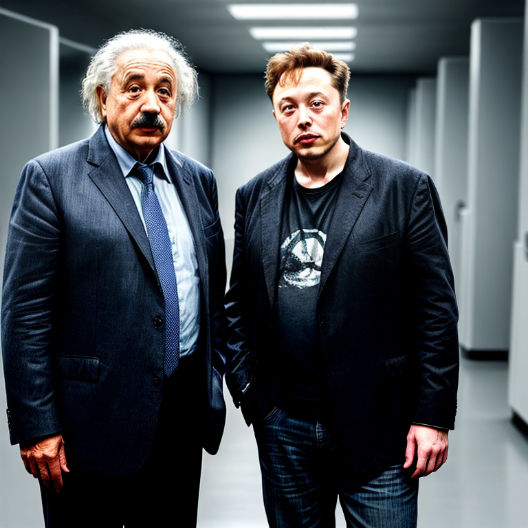 Albert Einstein and Elon musk in an ai laboratory, cyberpunk, hyper ...