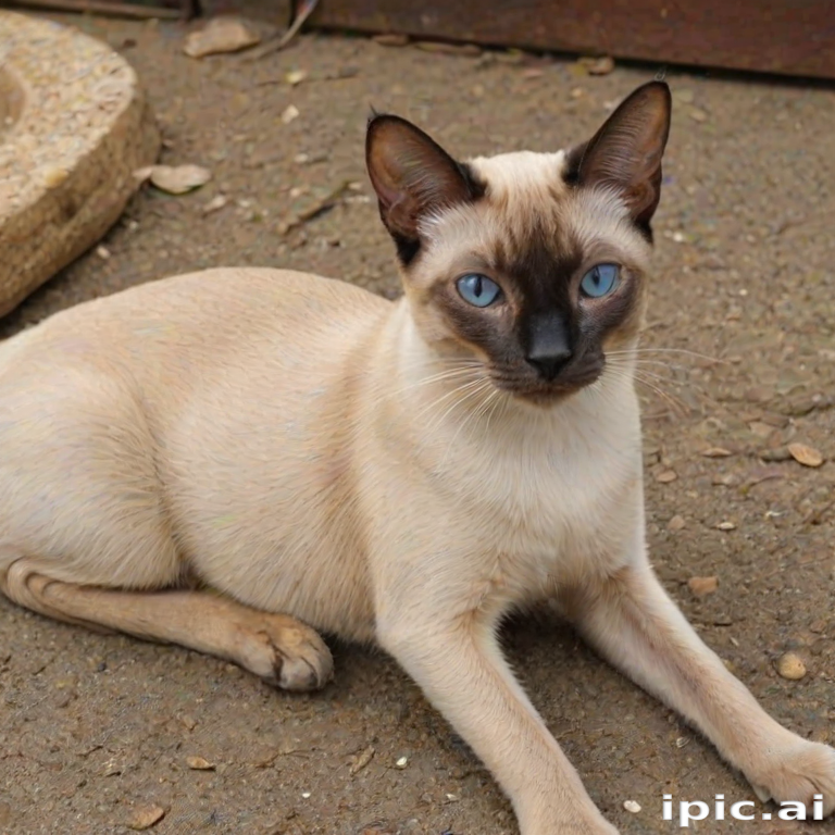 A Beautiful Siamese Cat with Striking Blue Eyes Relaxing Outdoors.