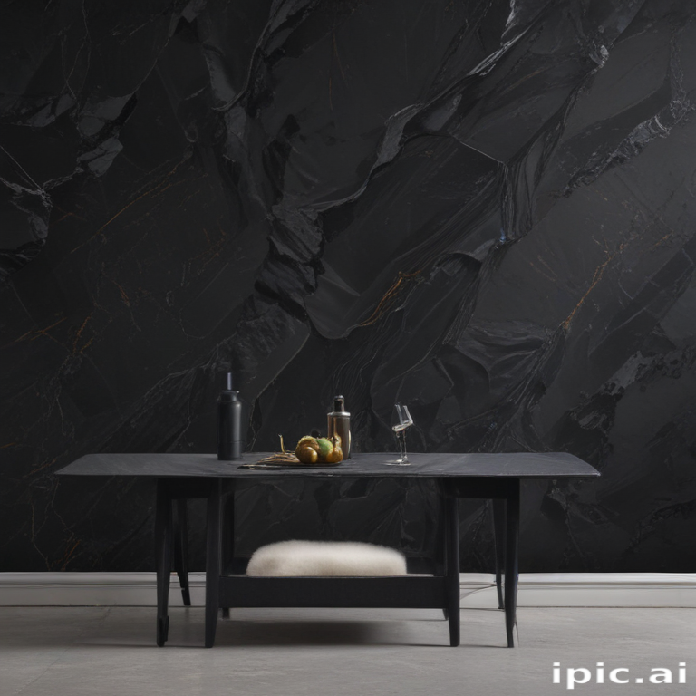 Elegant Black Dining Table Set Against a Striking Dark Marble Wall