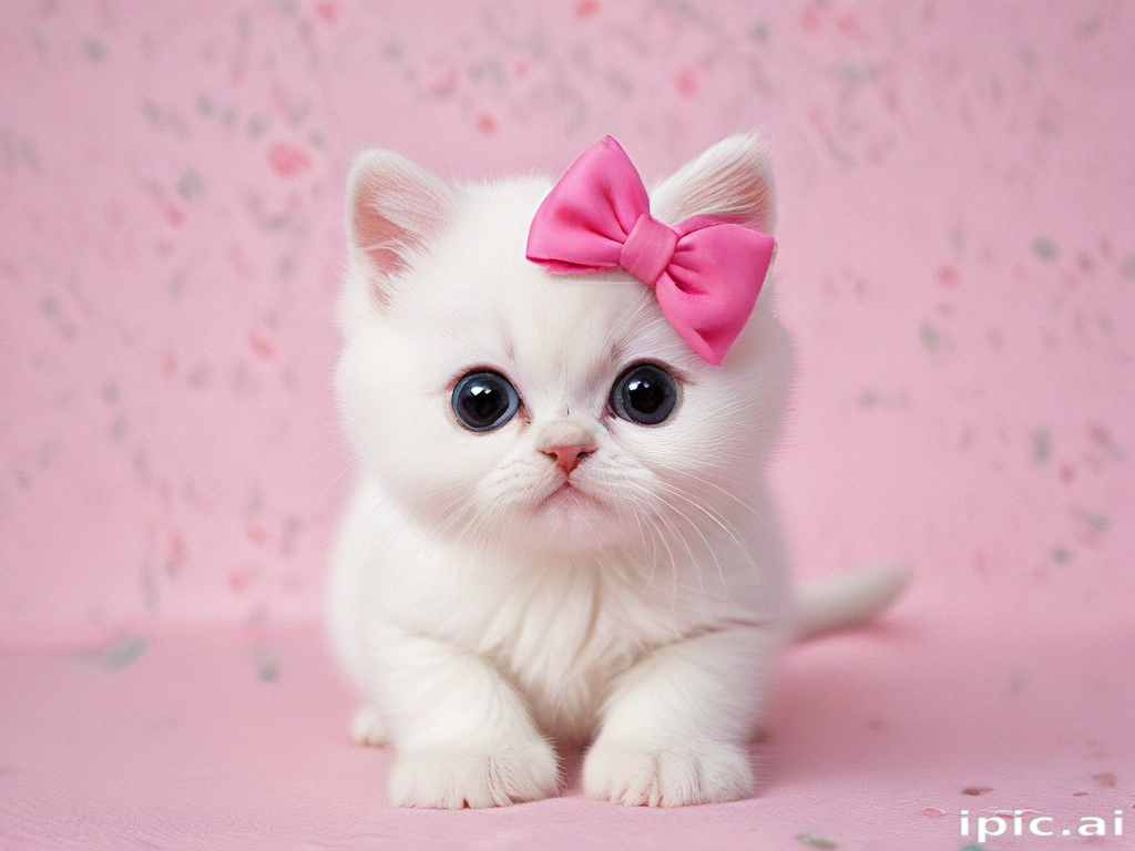 Adorable White Kitten with a Pink Bow Against a Soft Pink Background