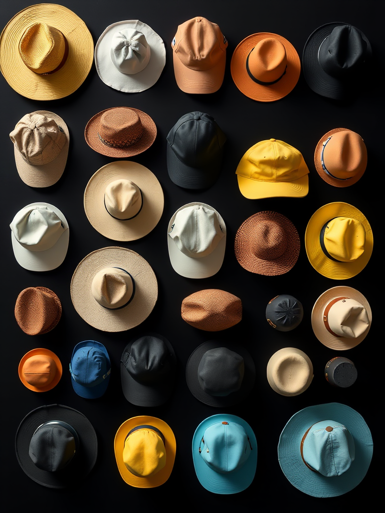 A Colorful Collection of Diverse Hats Displayed Against a Dark Background