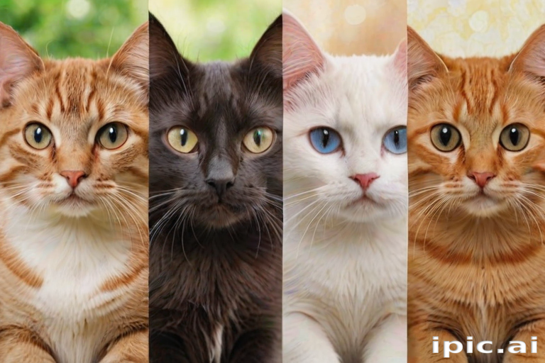 Four Distinct Cats Showcasing Unique Colors and Expressions in Portraits