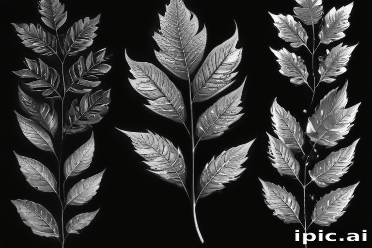 Elegant Silver Leaves Displayed Against a Striking Black Background