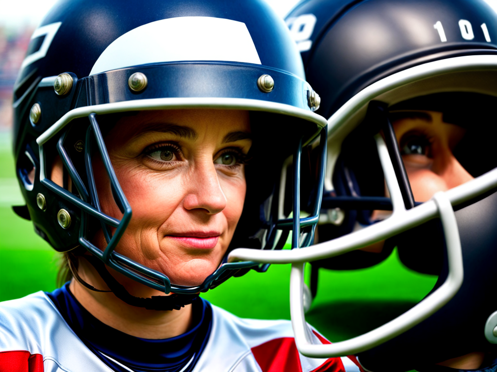 a woman in a football helmet staring at me