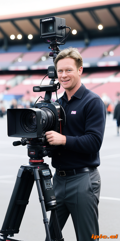 Professional Cameraman Smiling While Holding a Large Video Camera Setup