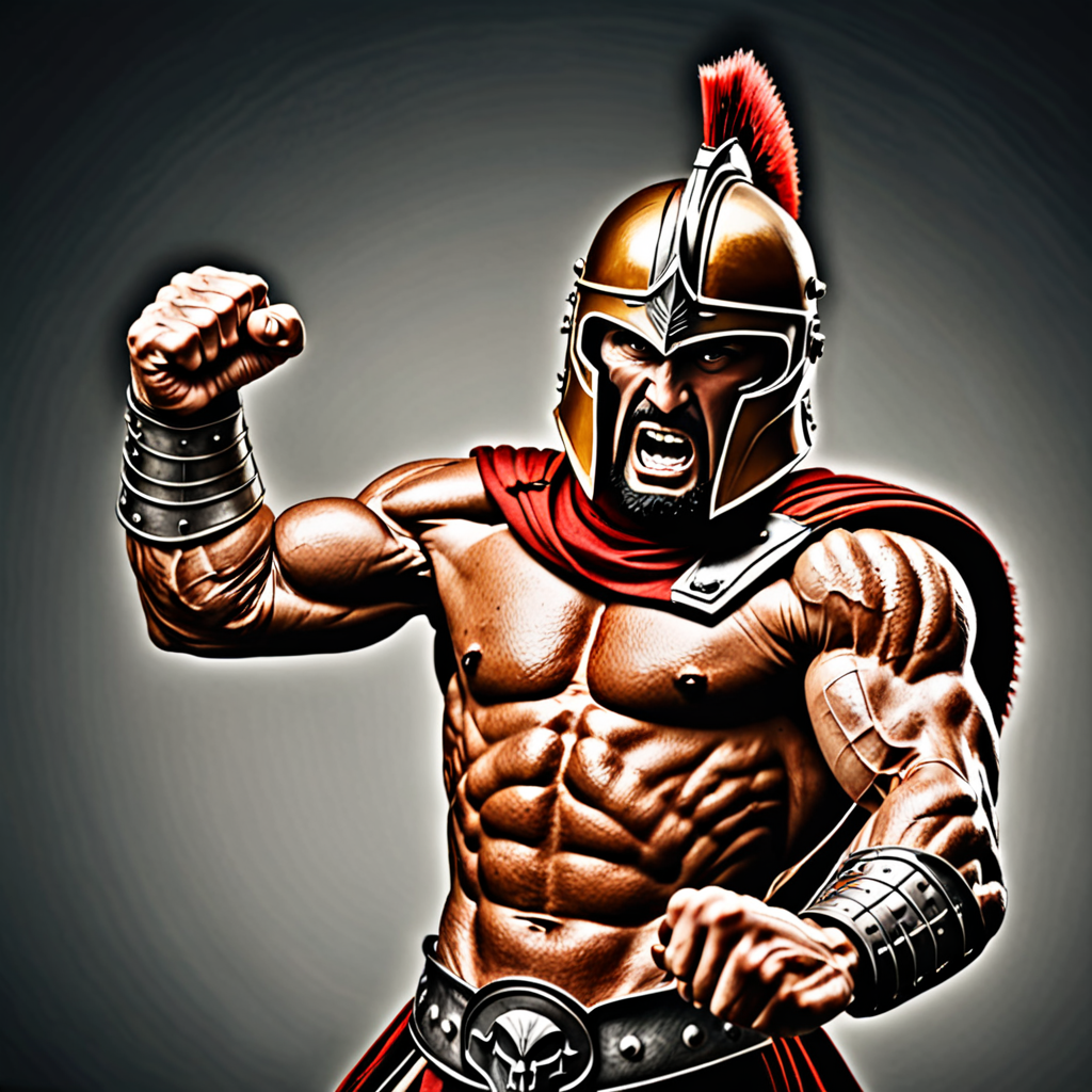 Realistic portrait of an angry Spartan warrior showing his fists